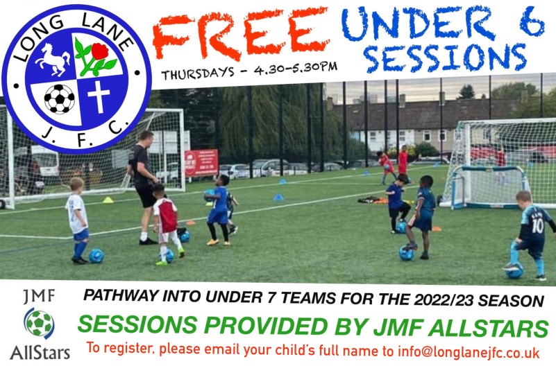Free U6s football training Thursday 4:30pm - Long Lane JFC