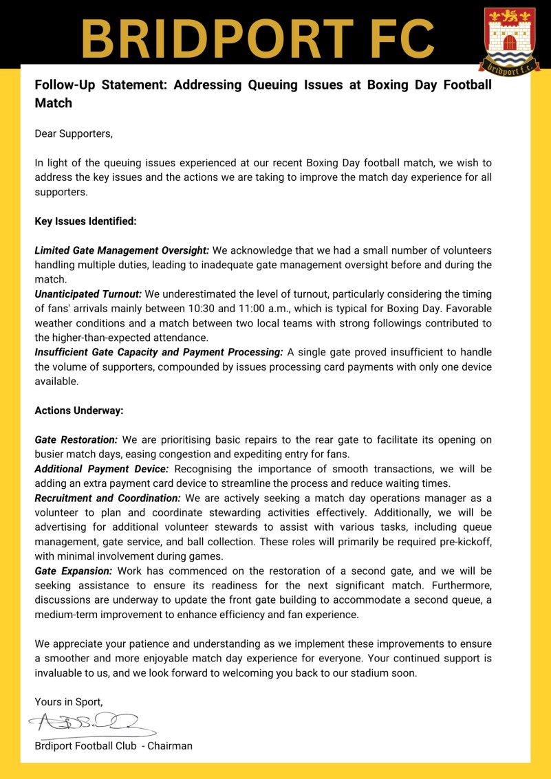 Follow-Up Statement: Addressing Queuing Issues at Boxing Day Football ...