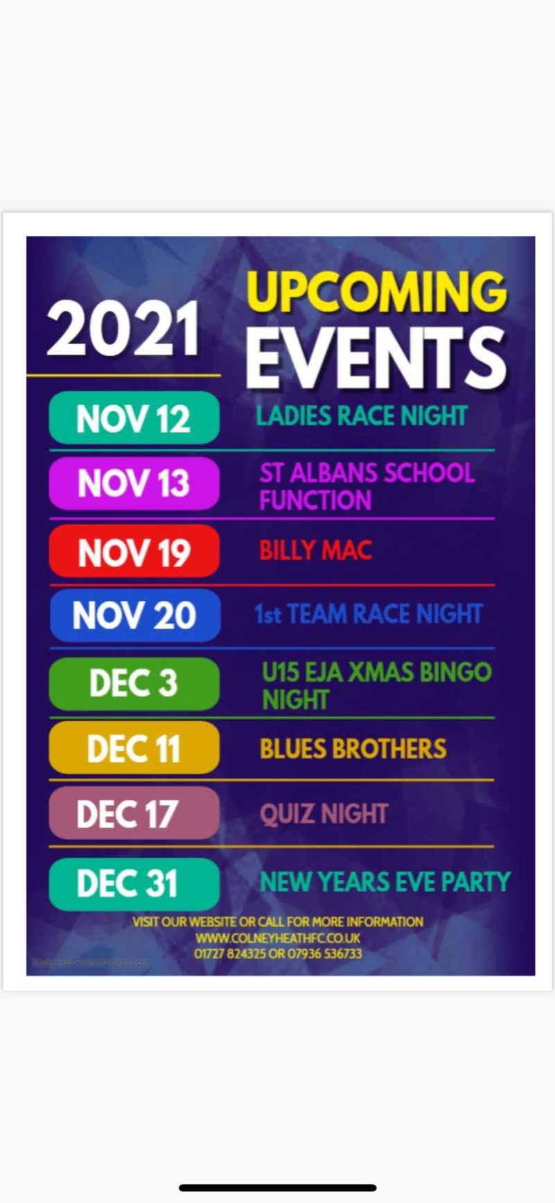 Upcoming Events - Colney Heath Football Club