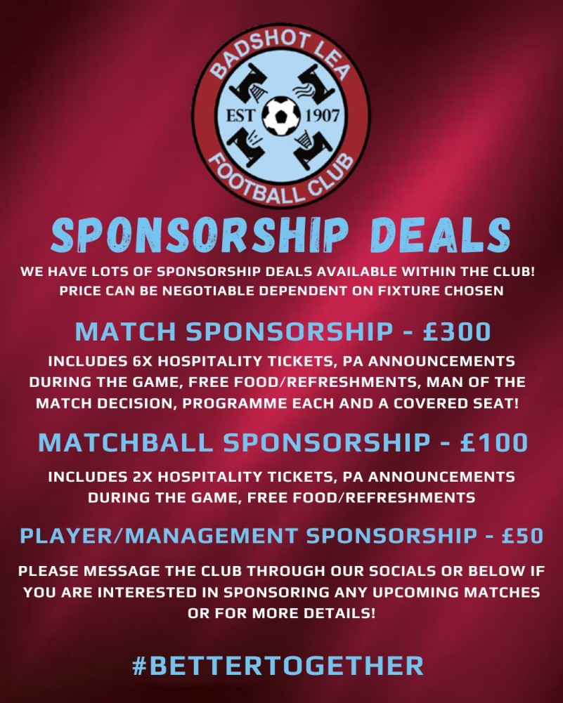 Badshot Lea Football Club, SPONSORSHIP NEWS FOR THE 2023/24 SEASON