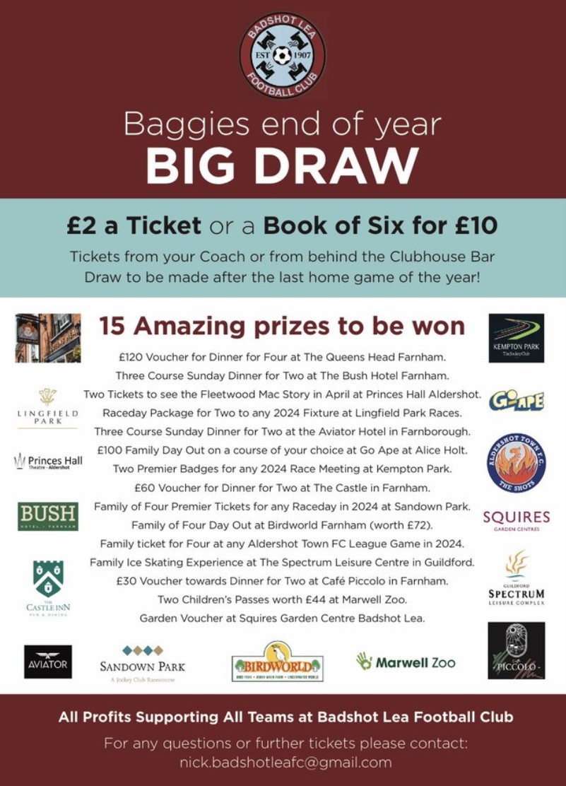 BAGGIES END OF YEAR BIG DRAW TICKETS STILL AVAILABLE - Badshot Lea ...