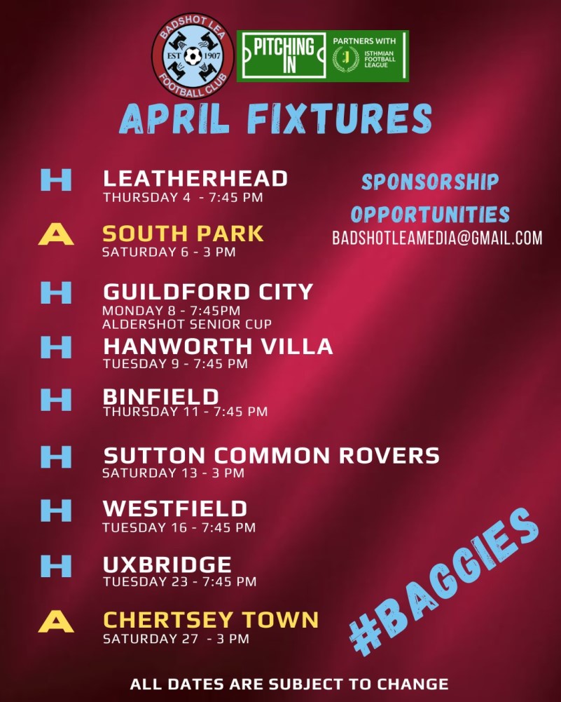APRIL FIXTURES LIST - Badshot Lea Football Club
