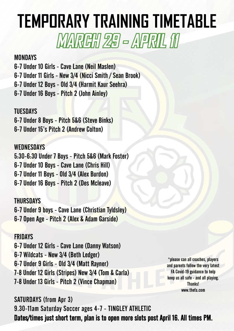 Temporary training schedule - football restart - Tingley Athletic FC