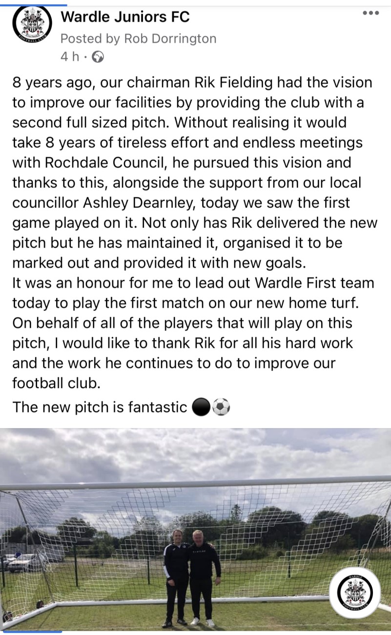 Wardle FC, Thanks to our chairman Rik Fielding