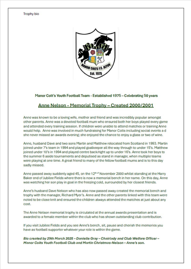 Manor Colts YFC, Anne Nelson memorial trophy