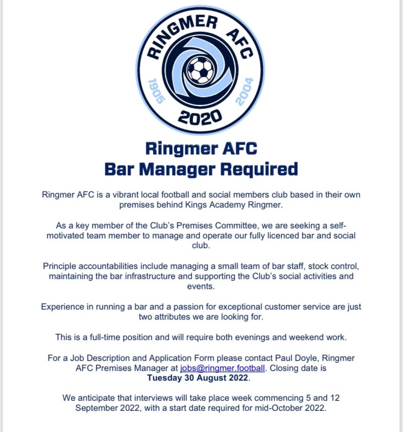 Ringmer AFC, JOB VACANCY: Club Bar Manager Required