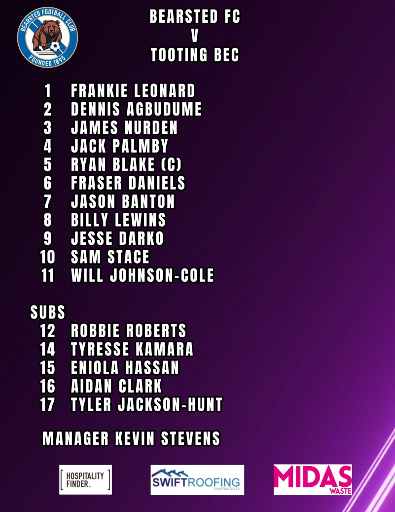 Today's line up against Tooting Bec - Bearsted FC